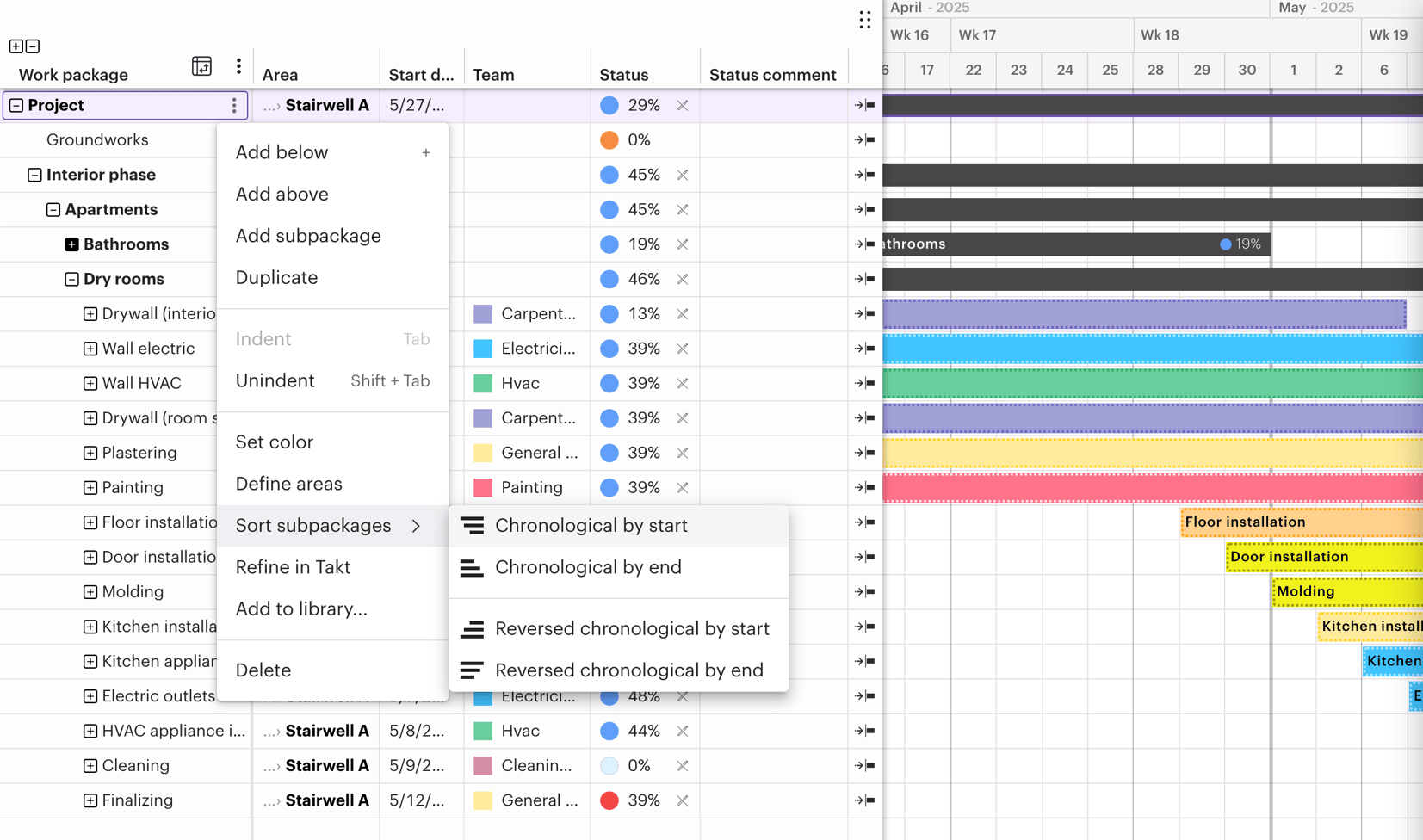 How do I change the order of work packages in Gantt?